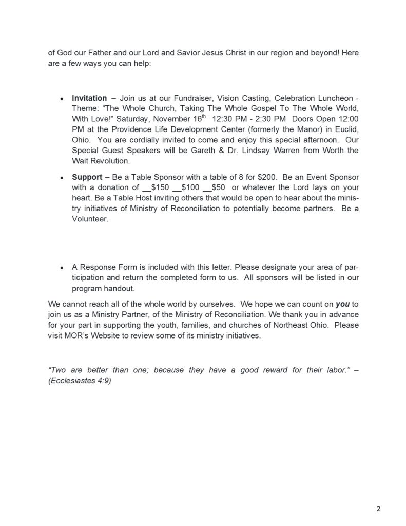 Letter | Ministry of Reconciliation